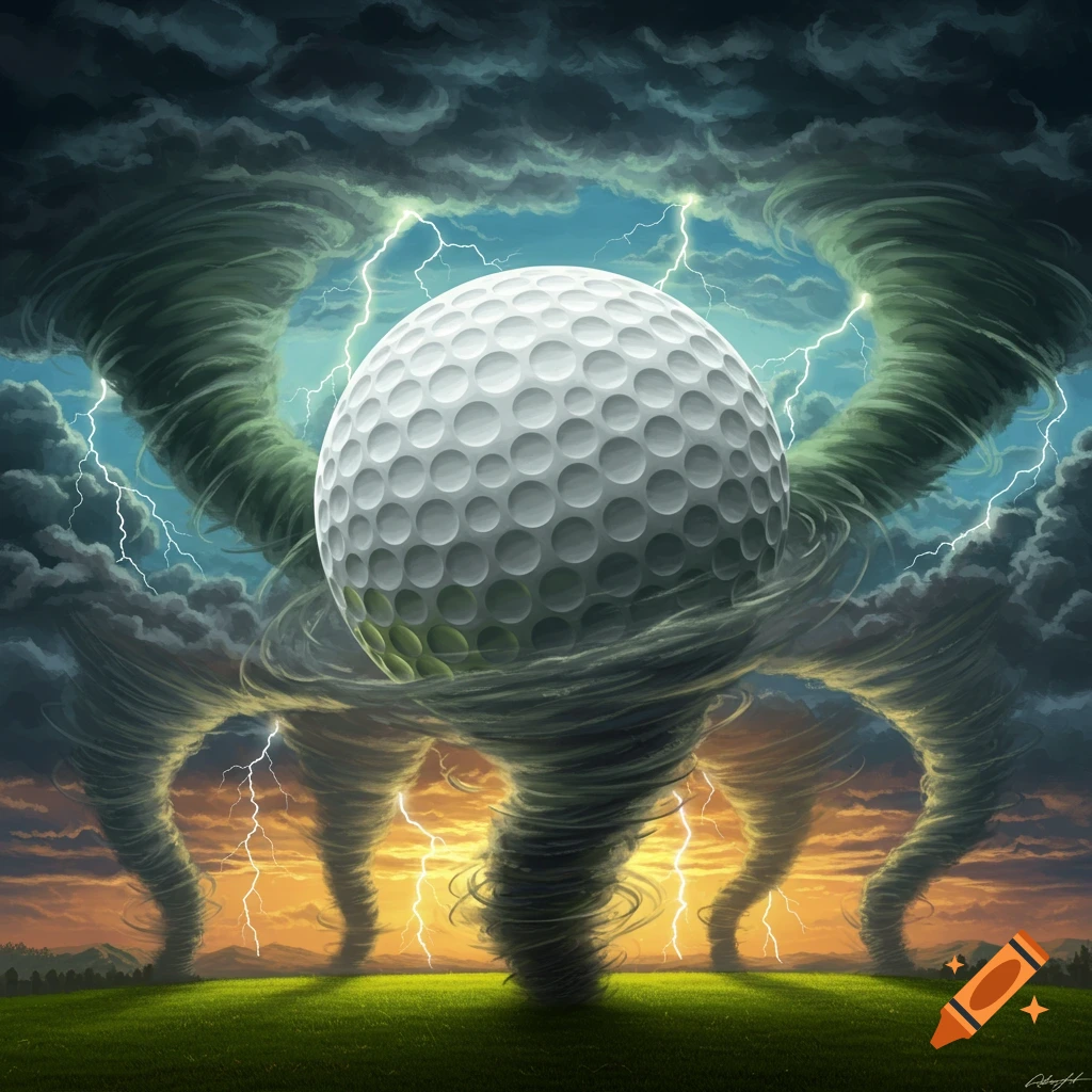 A large golf ball is surrounded by tornadoes and lightning on a golf ...