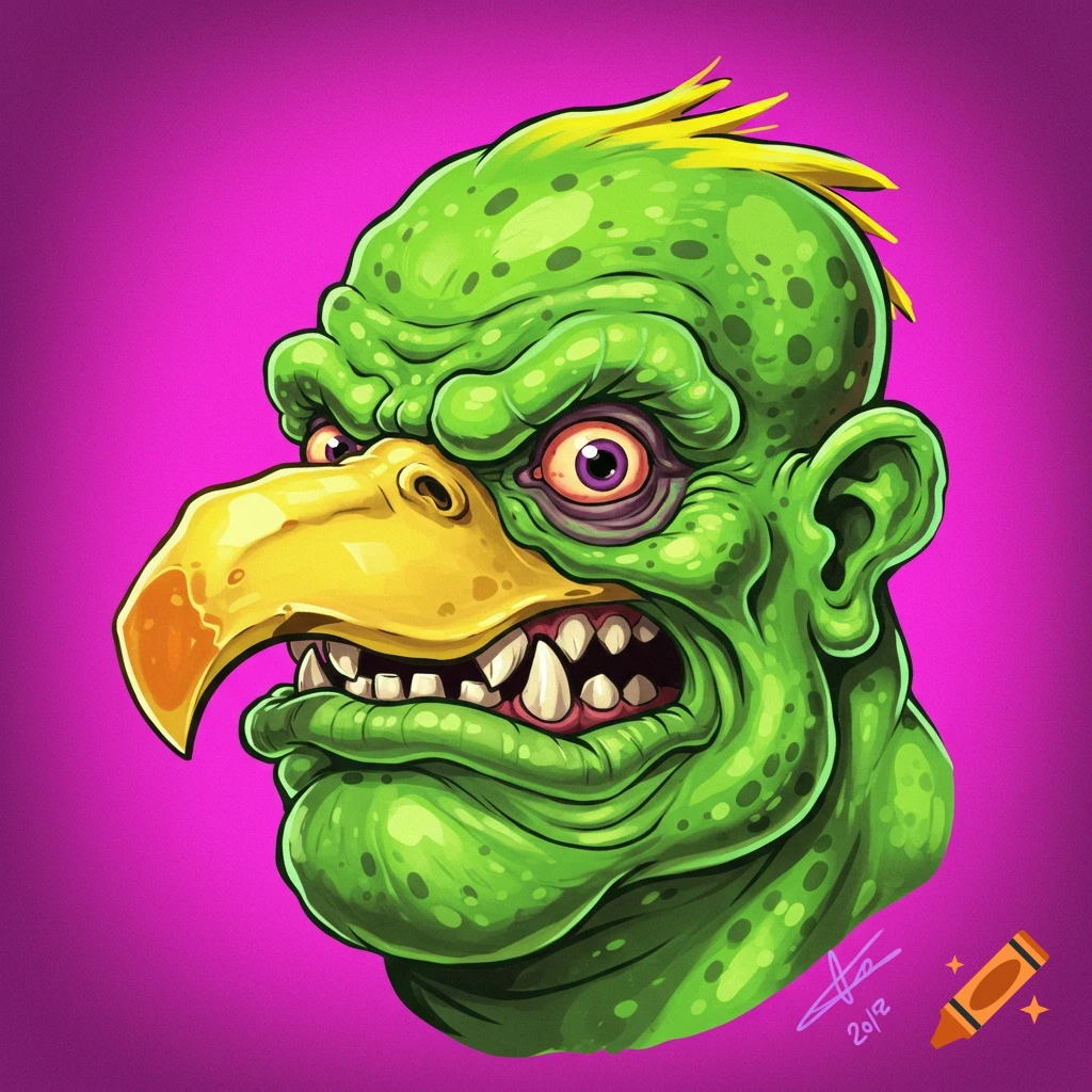 Sharp teeth, chunky head, green skin, and a yellow beak animal portrait ...