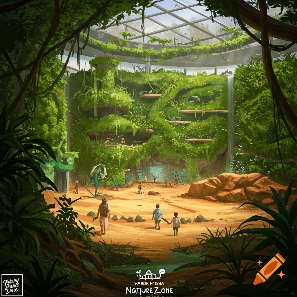 A large indoor rainforest biome with tiered living walls, a waterfall ...