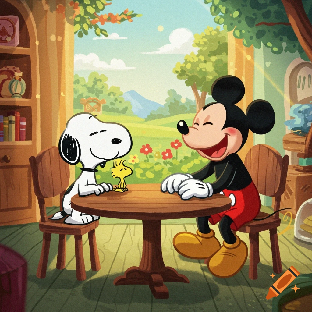 Mickey Mouse and Snoopy enjoying each other's company, cartoon style on ...