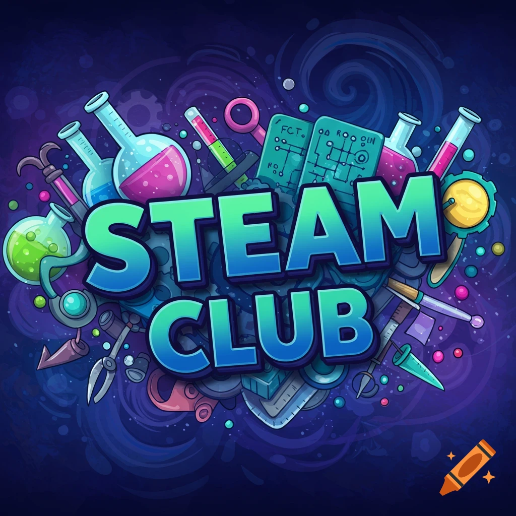 Cartoon illustration logo for "STEAM Club" surrounded by colorful science and engineering tools ...
