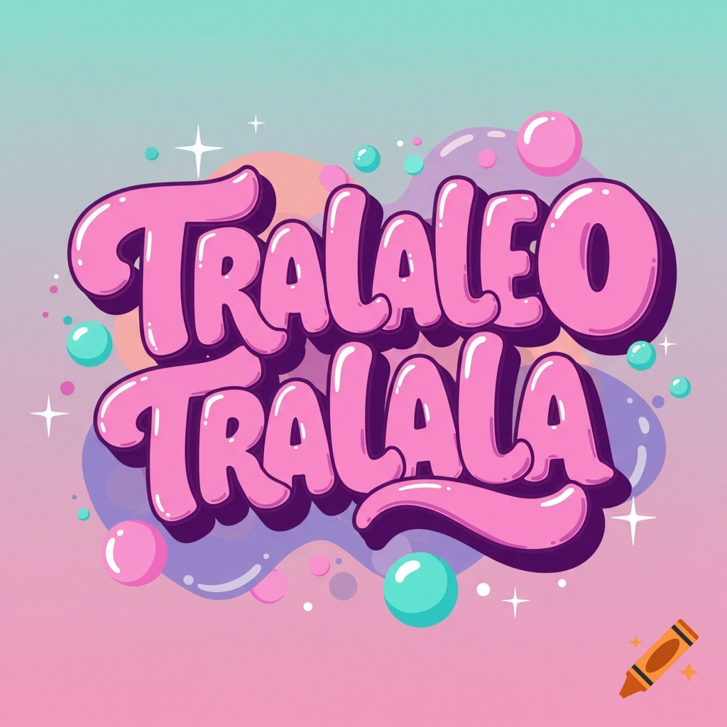 Stylized pink and purple bubble text reading "Tralaleo Tralala" with highlights and sparkles. on ...