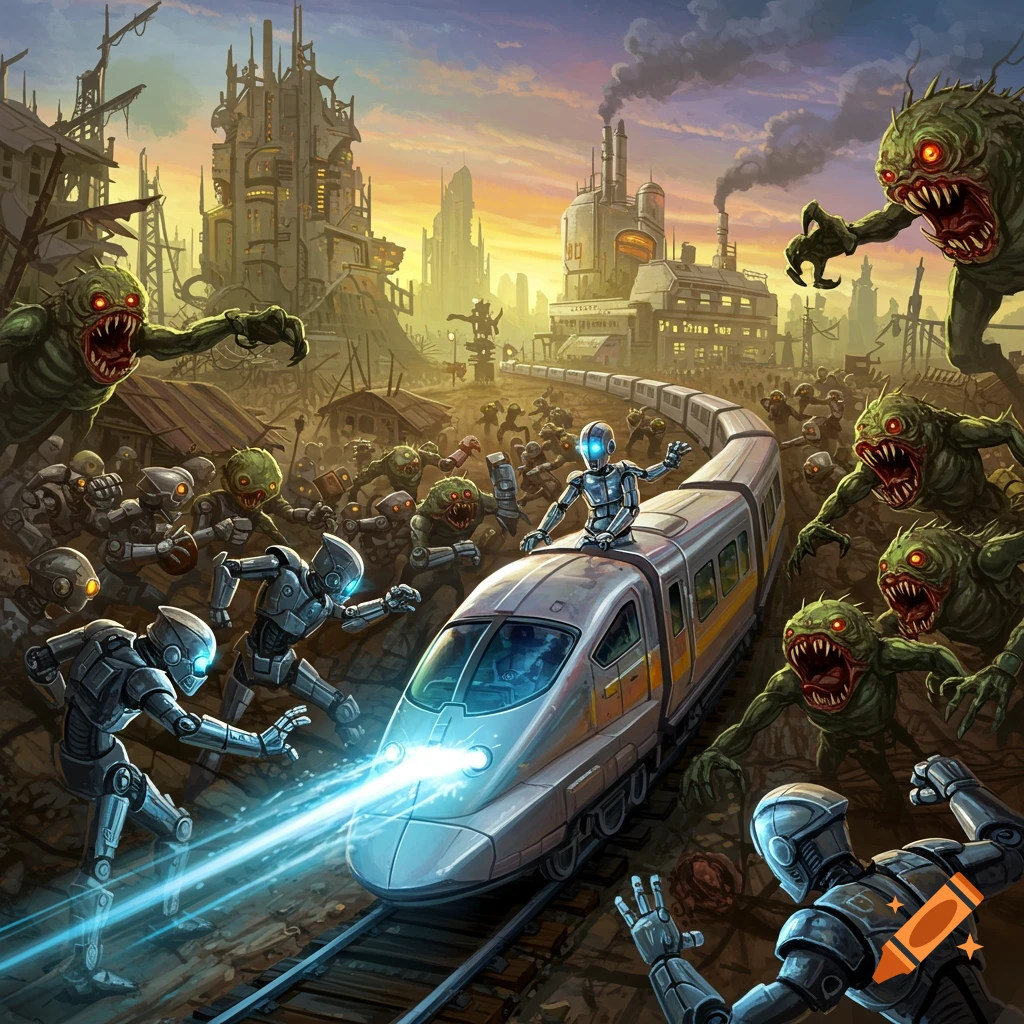 Robots battle a horde of monsters in a dark, stylized scene. on Craiyon