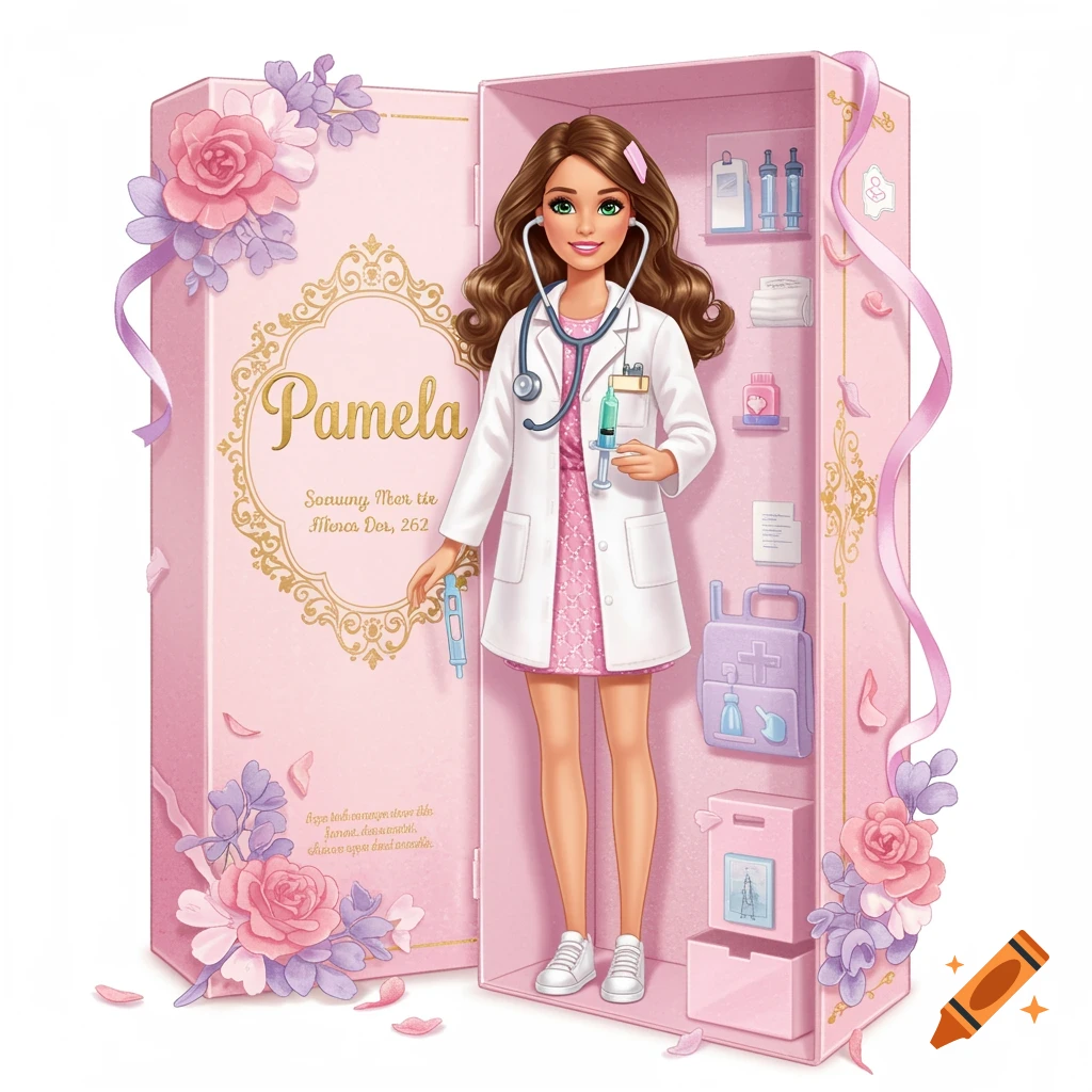 Barbie doctor with brown hair and green eyes in Pamela box on Craiyon
