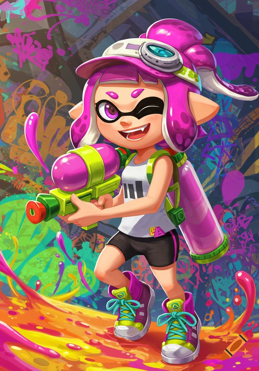 A female Inkling from Splatoon holds an ink gun amidst colorful ...