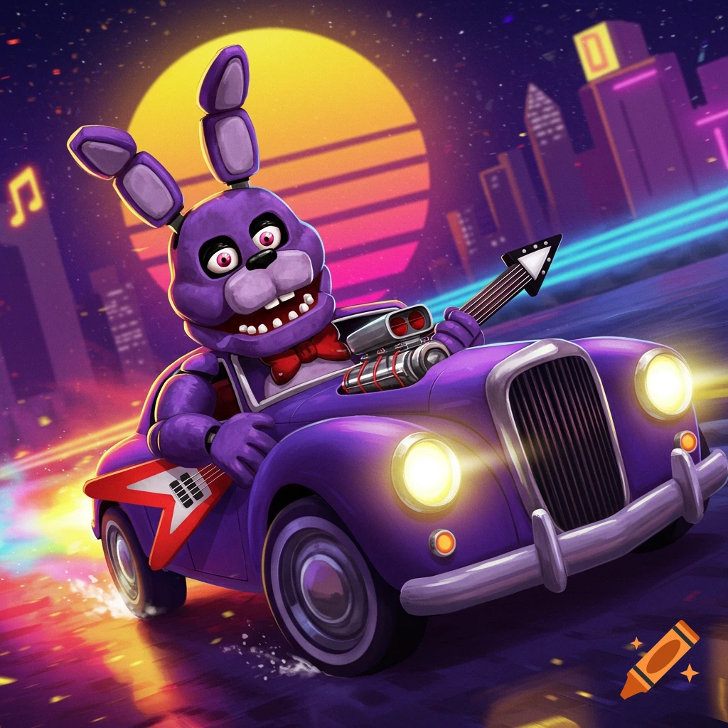 Bonnie from Fnaf driving a purple car in a synthwave city at sunset. on ...