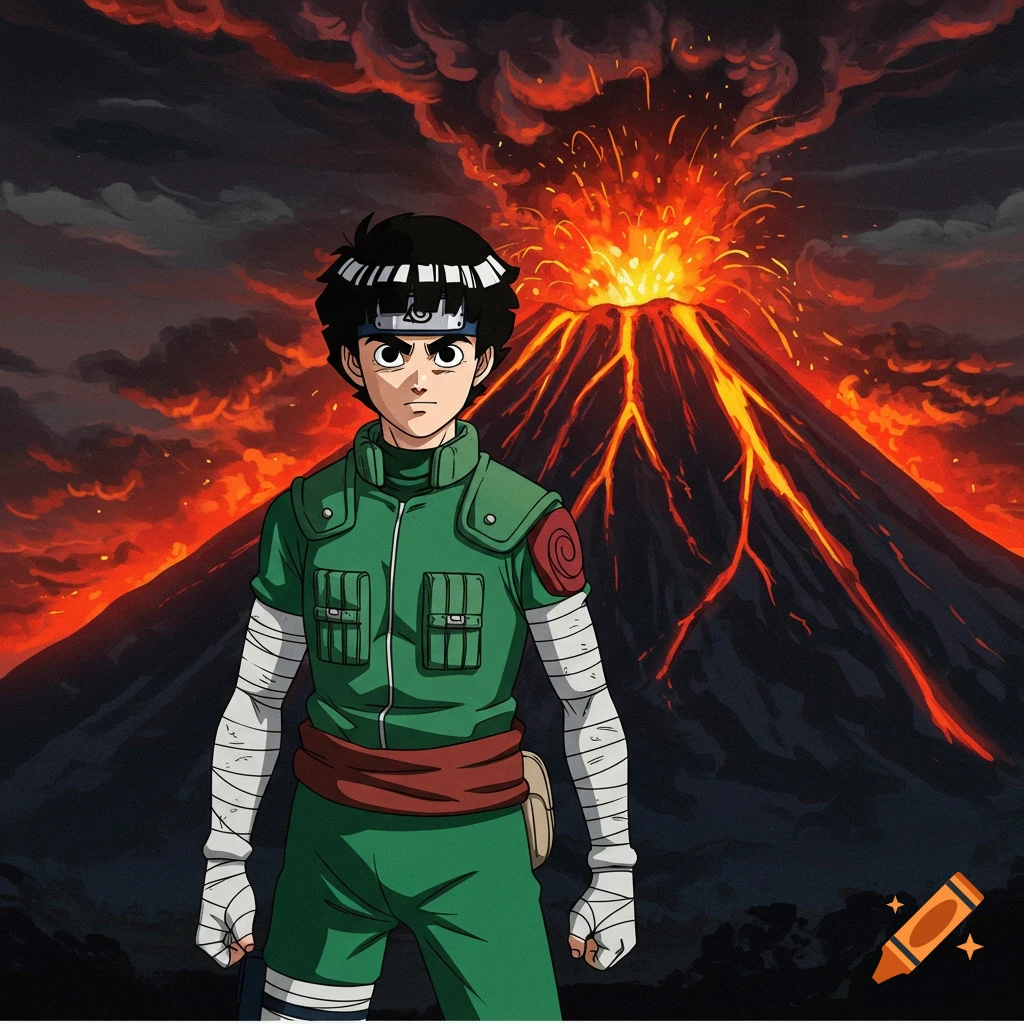 Anime character resembling Rock Lee stands in front of an erupting ...
