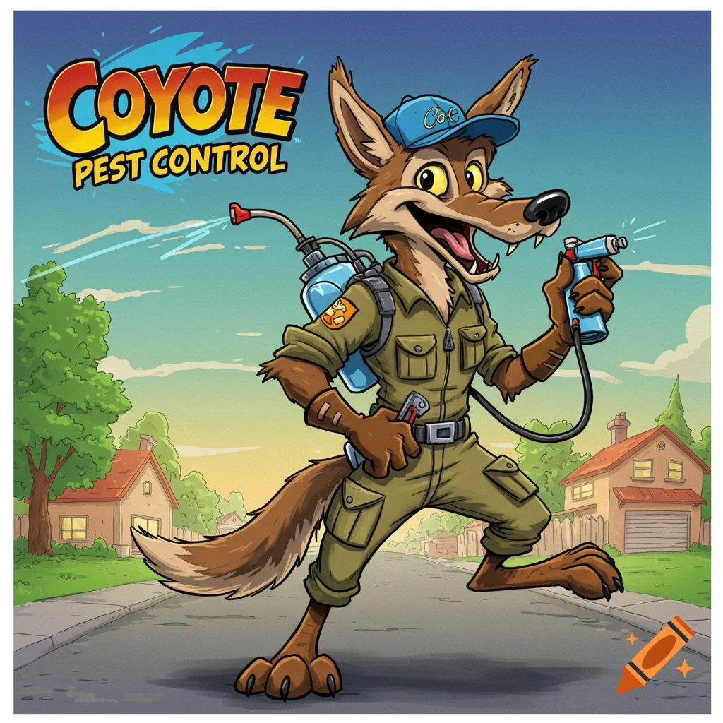 A cartoon coyote mascot in a pest control uniform carries spraying ...
