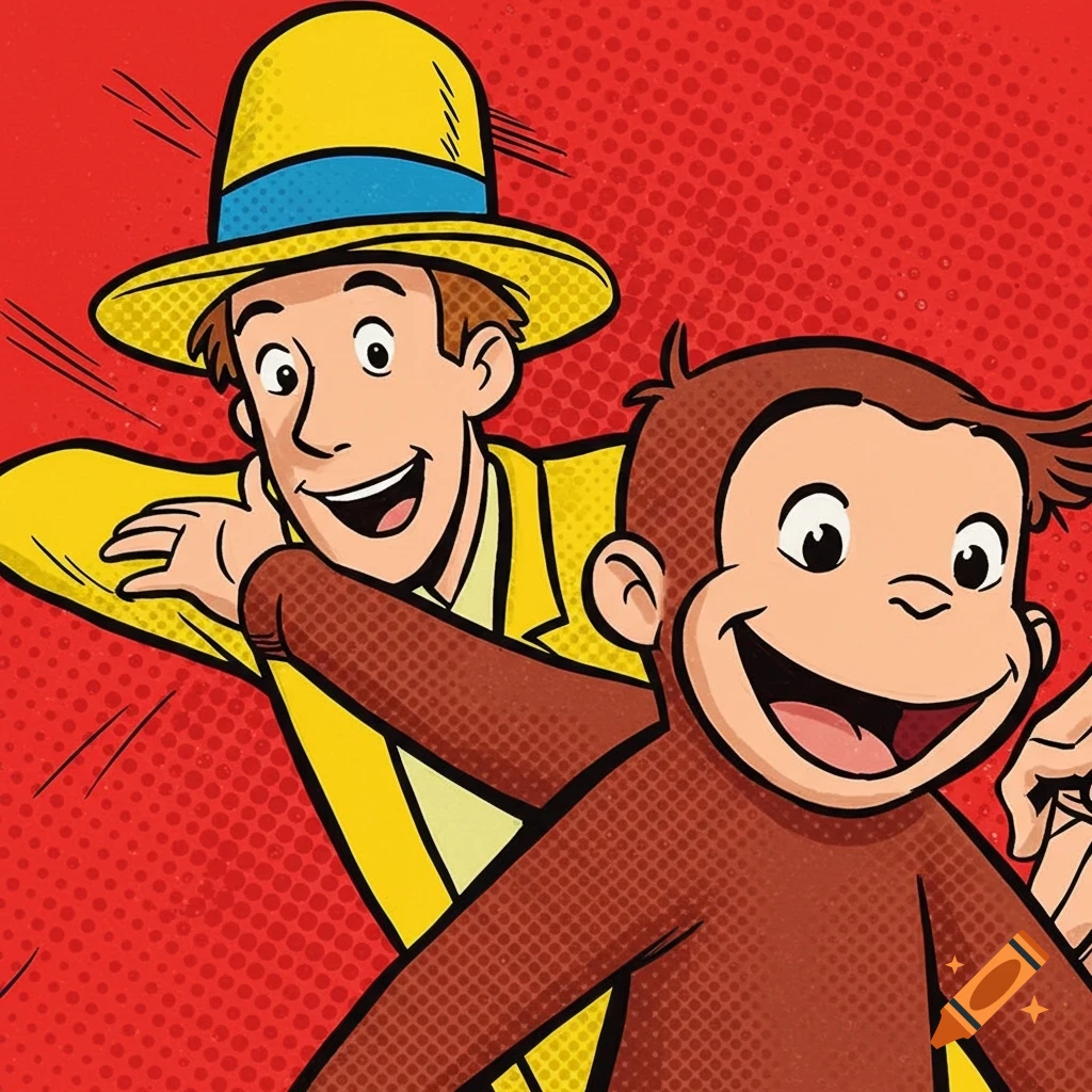 Curious George and the Man with the Yellow Hat at a fountain in a ...