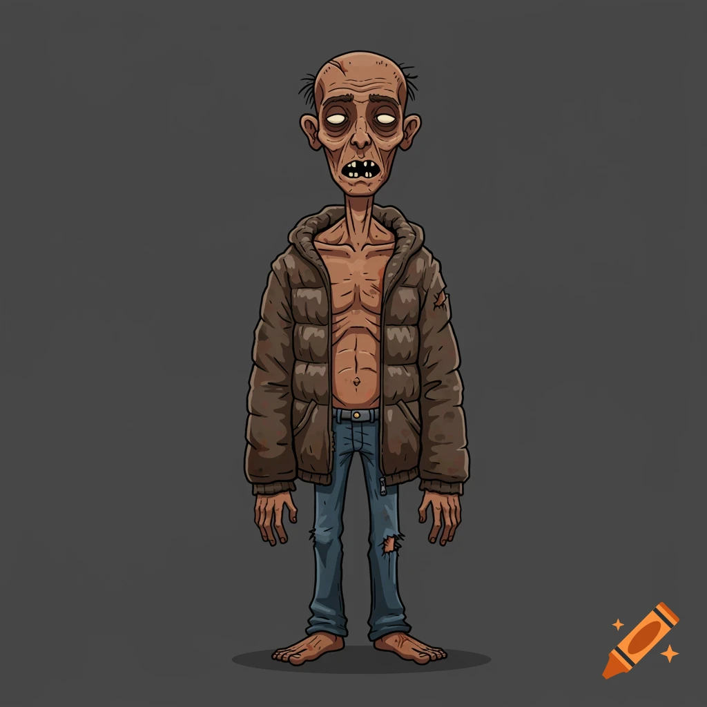 Cartoon of a skinny, shirtless, homeless-looking person in a worn ...
