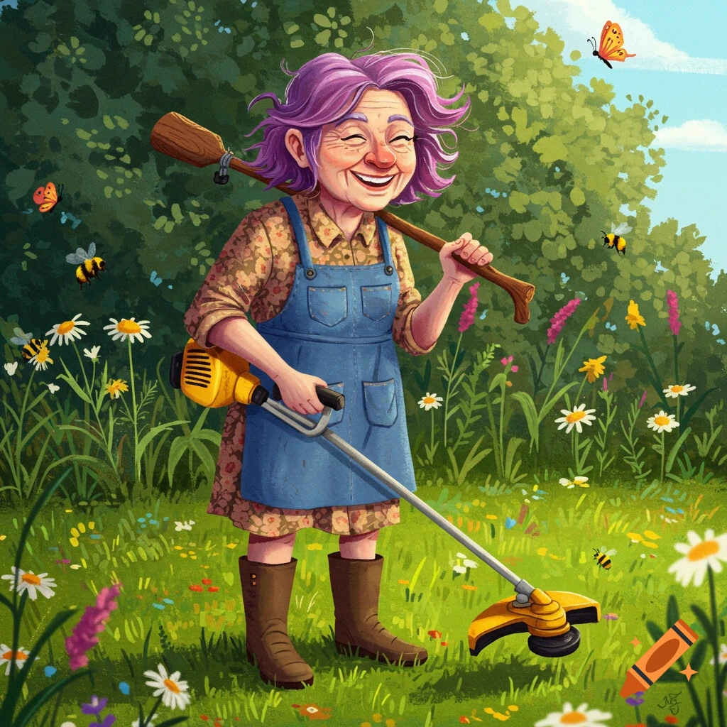 A happy old woman with purple hair is holding a weed eater and tool in ...