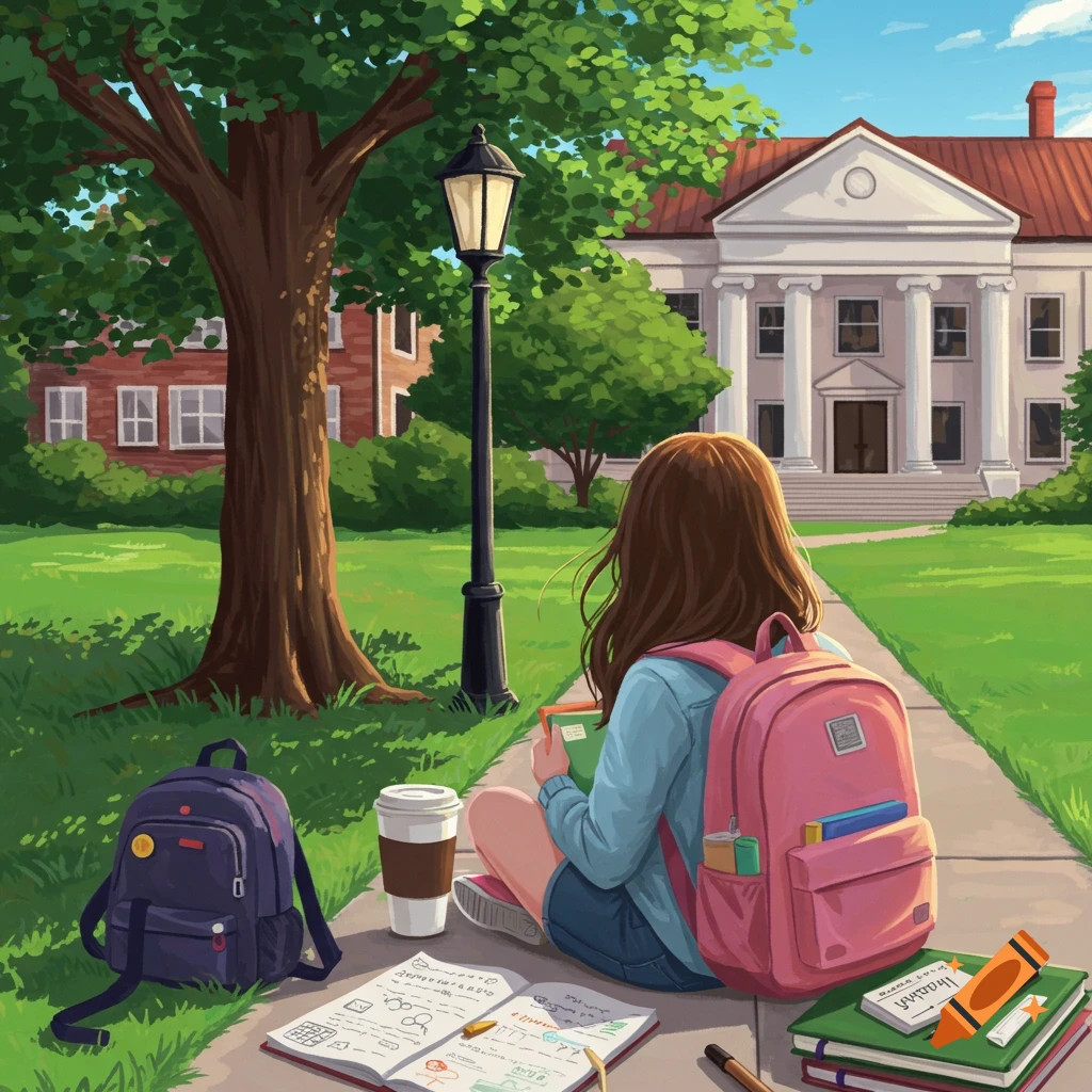 A student studying on a college campus during finals week. on Craiyon