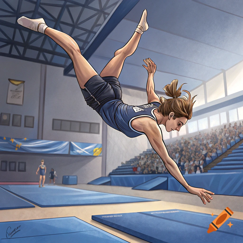 Illustrated depiction of a gymnast doing a backflip in a sports arena ...
