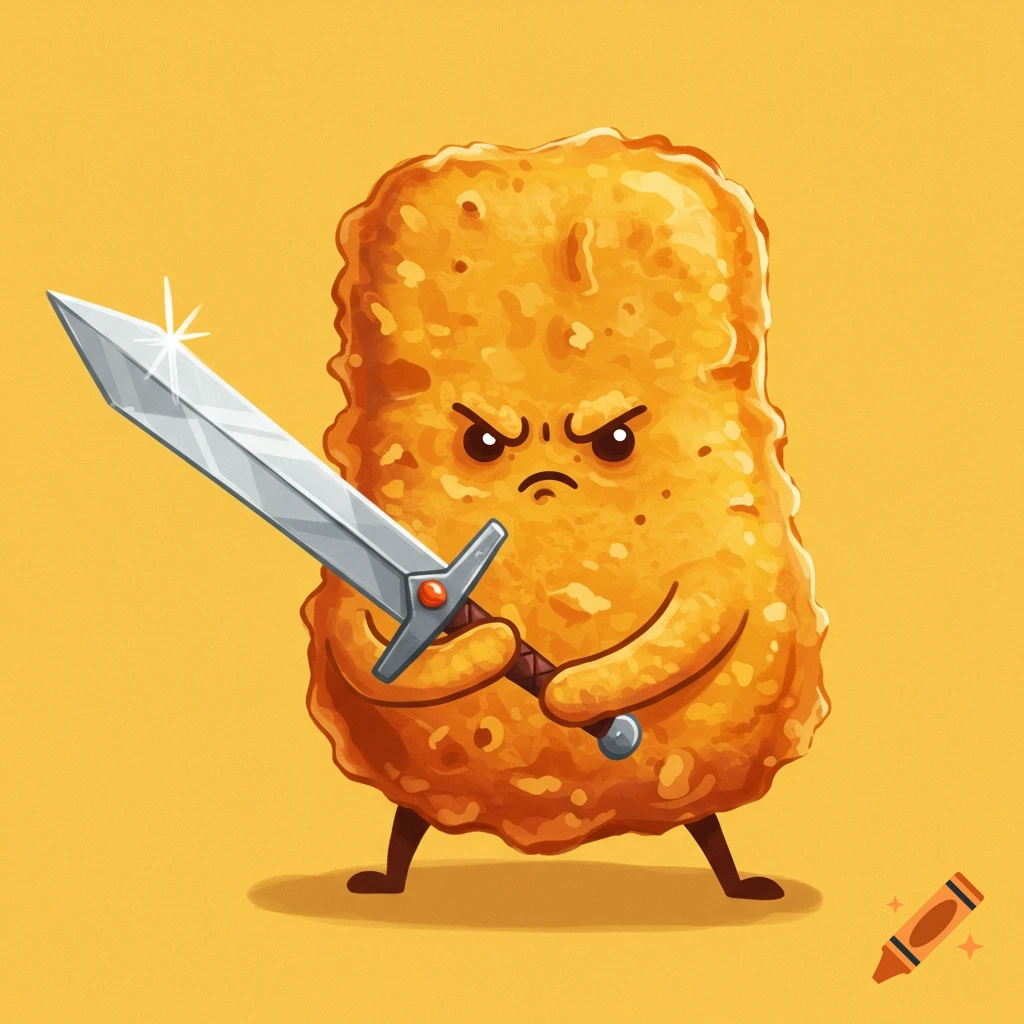 A cartoon chicken nugget with glowing laser eyes floats in a surreal space scene surrounded by ...