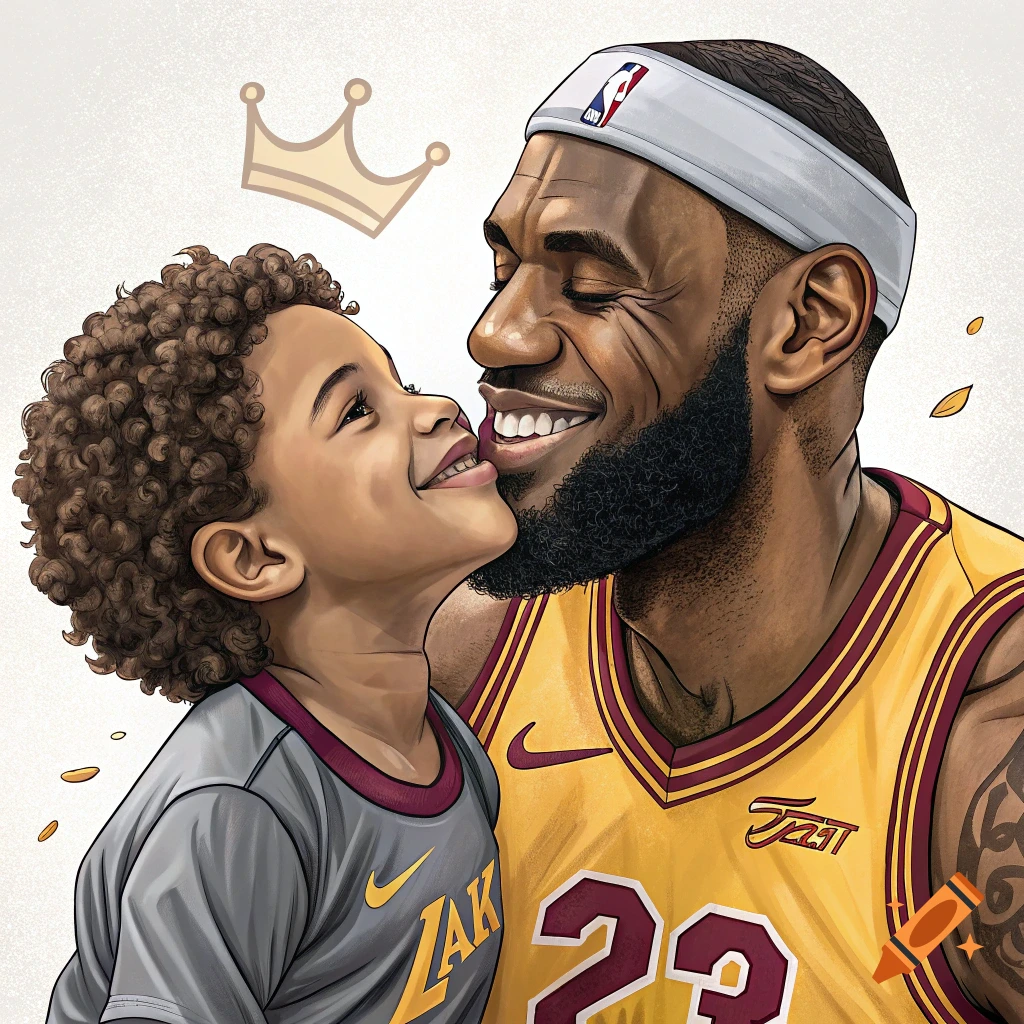 Illustrative portrait of LeBron James smiling at a young boy embracing ...