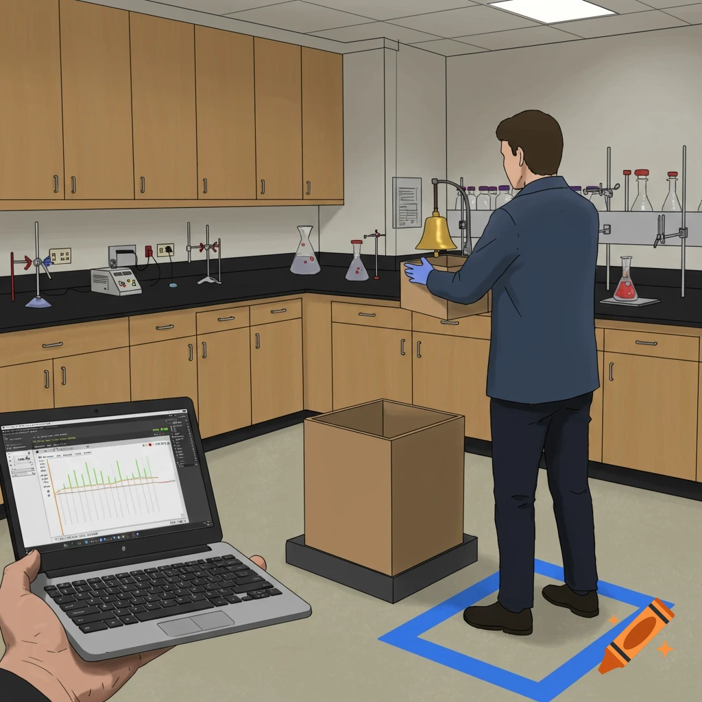 Chemistry lab scene with two people, one ringing a bell in a box, the ...