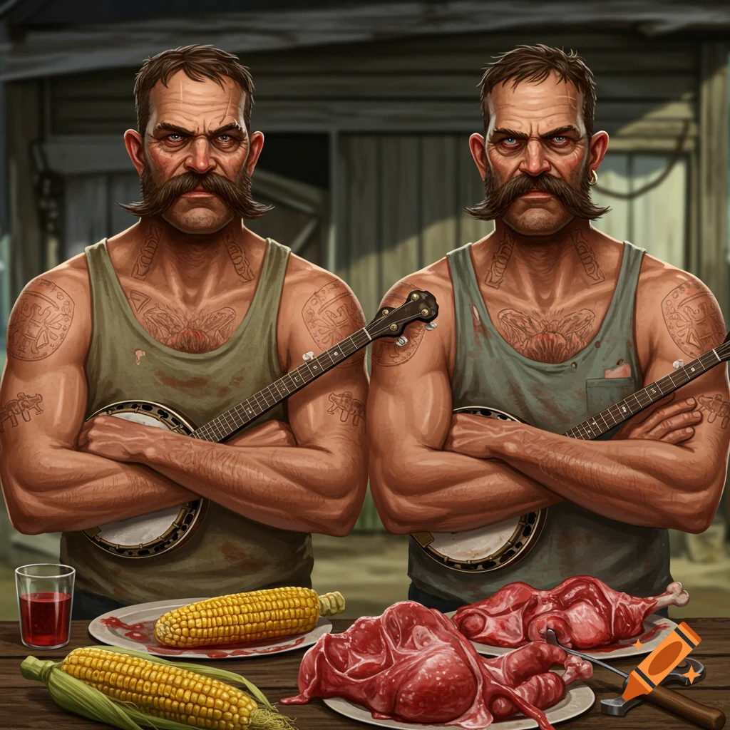 Two redneck brothers with sideburns and banjo tattoos on Craiyon