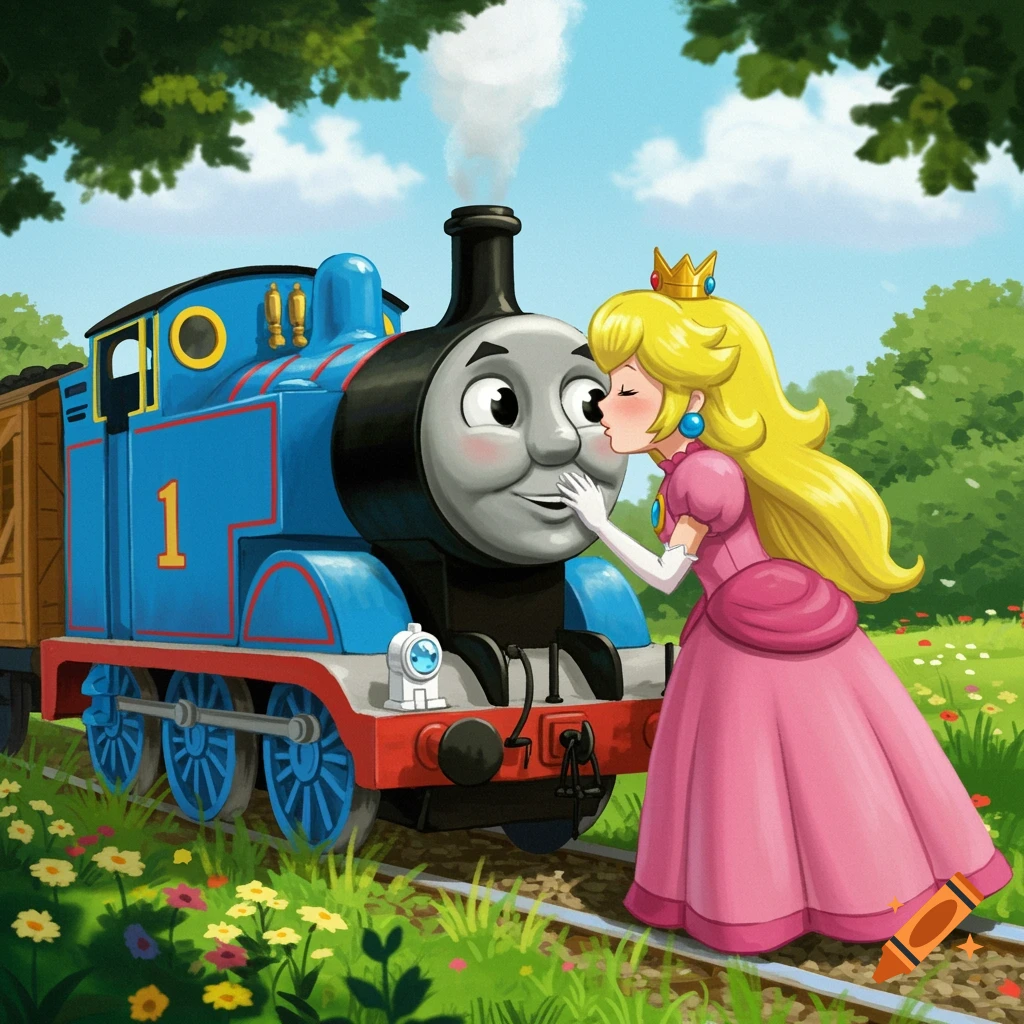 A surprised cartoon boy in blue stands on train tracks as Thomas the Tank Engine approaches in a ...