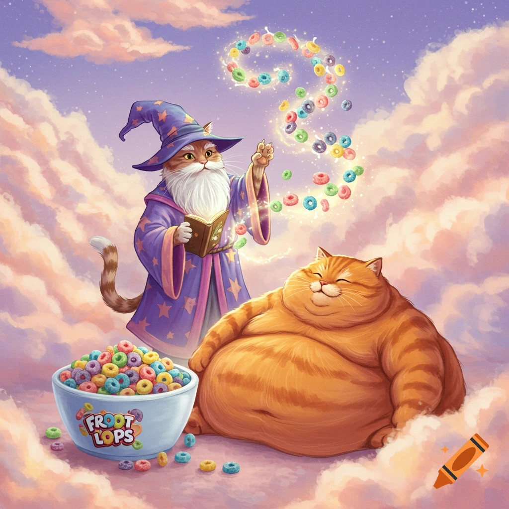 A wizard cat conjuring cereal above a fat cat and cereal bowl in the ...