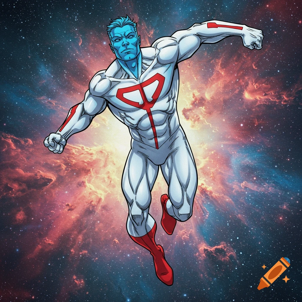A blue-skinned superhero in a white suit with red accents flies through ...