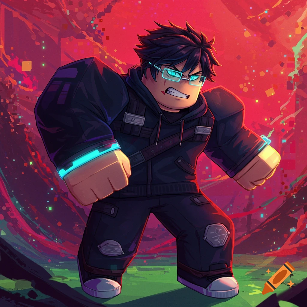 Roblox character in black jacket with spiky hair and red eyes stands ...