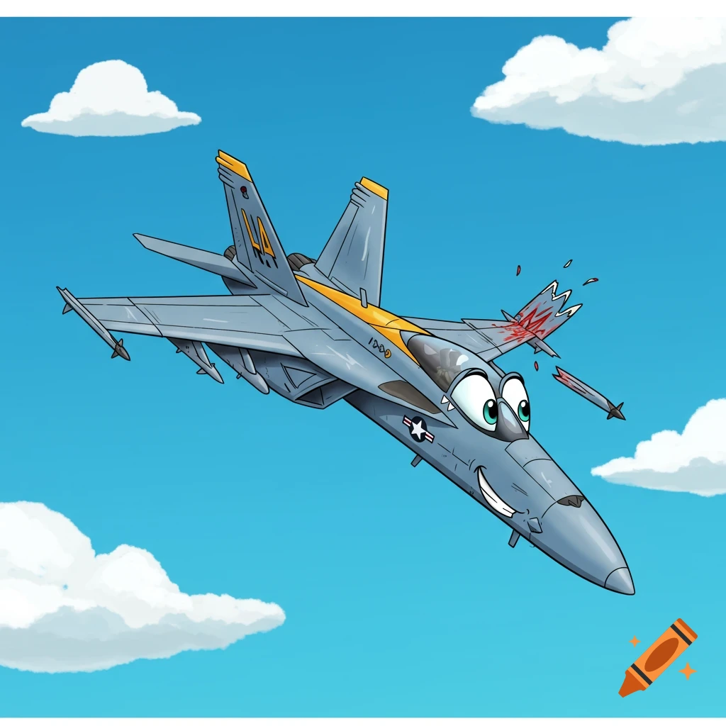 Cartoon F/A-18 Hornet with broken wing on Craiyon