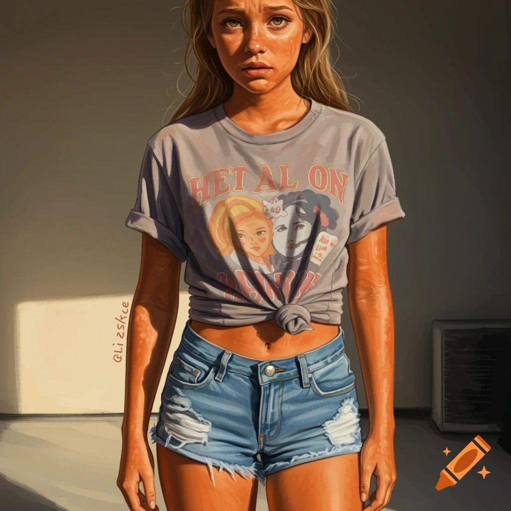 A young woman with a bad spray tan is wearing a graphic tee and ripped ...