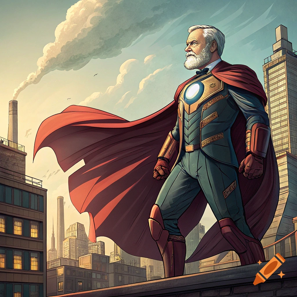 Comic art portrait of an older man with a beard dressed as a superhero ...