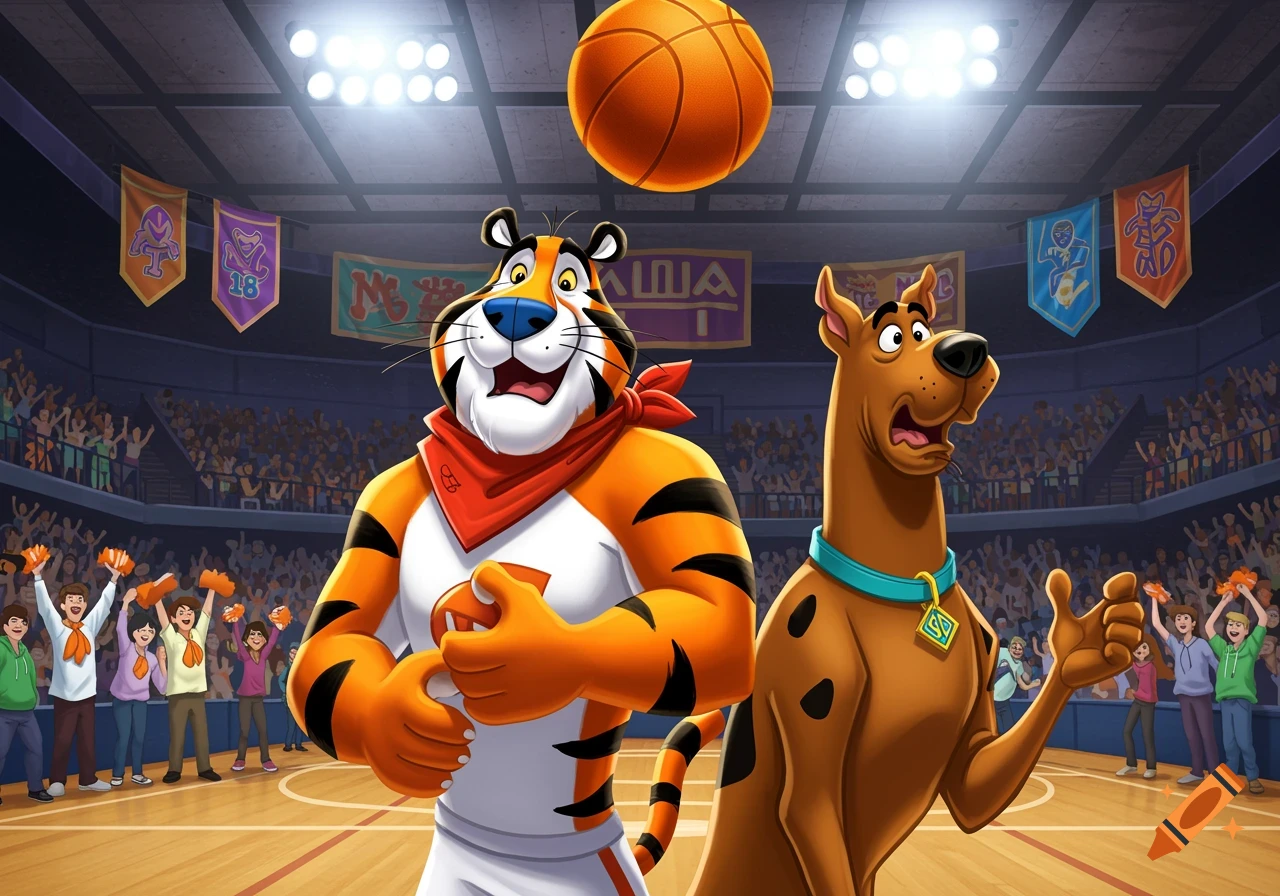 Tony the Tiger and Scooby Doo arm wrestling on a table outdoors in a ...