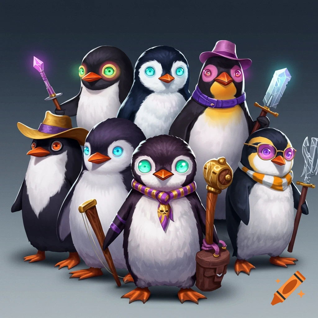 A group of cute, stylized penguins dressed in fantasy gear with glowing ...
