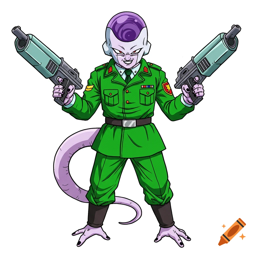 Frieza from Dragon Ball Z in green military clothes holding guns ...