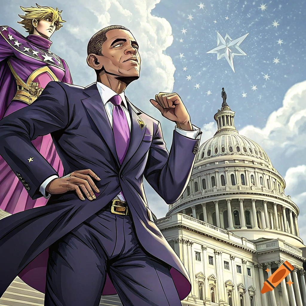 Barack Obama and a figure in a purple cape stand before the US Capitol ...