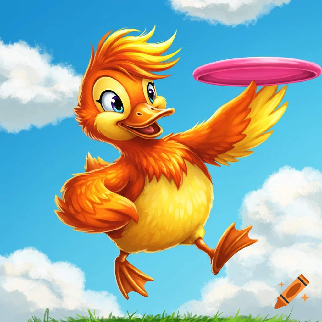 A cartoon duck throws a pink frisbee against a blue sky. on Craiyon