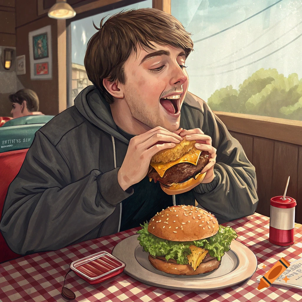 Illustration of four men eating at a restaurant with wood walls and a ...