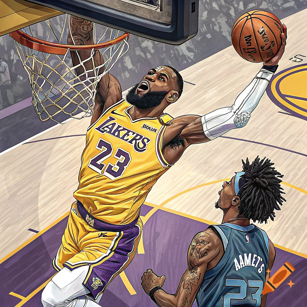 Illustration of Lebron James dunking on Ja Morant during a basketball ...