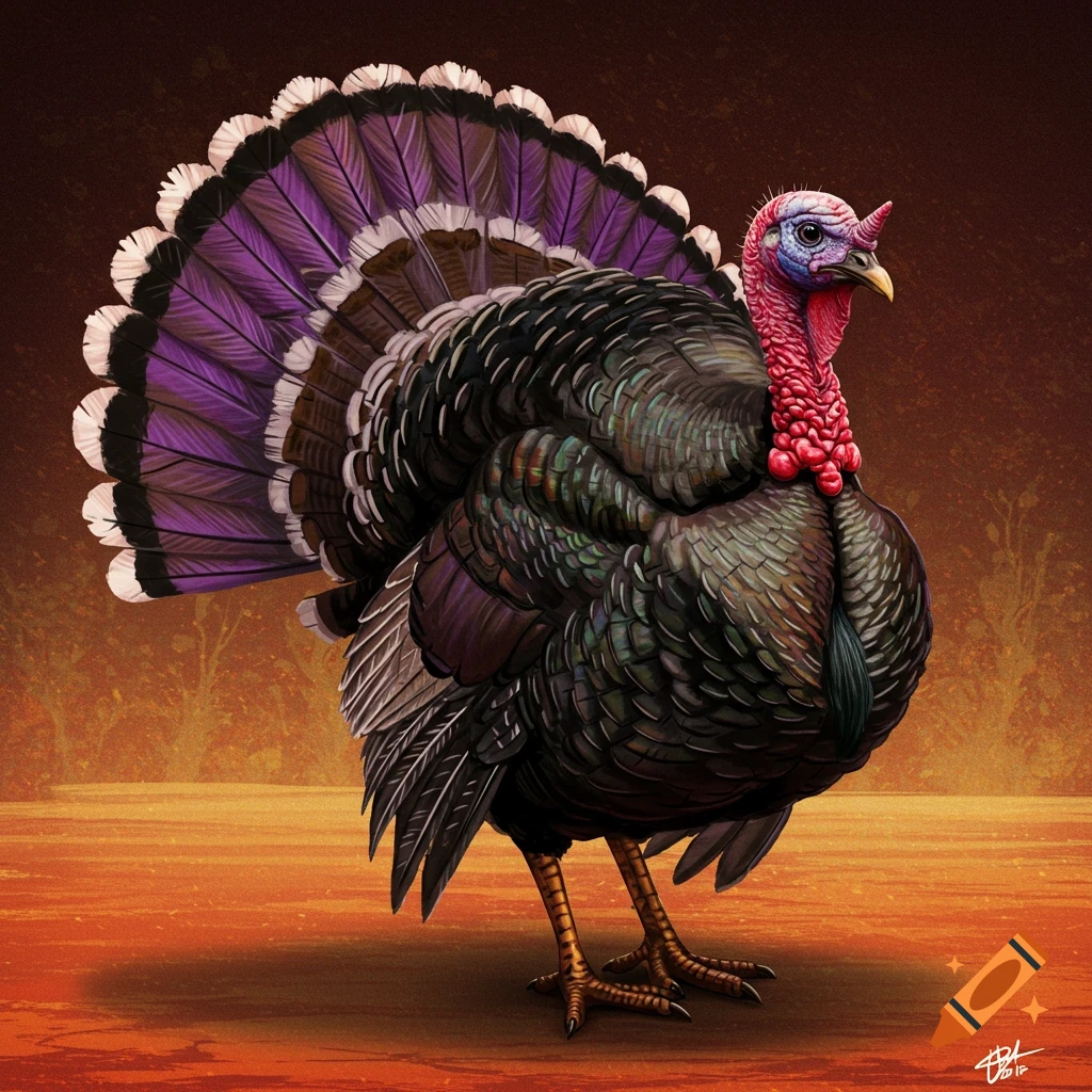 Illustration of a large turkey with purple feathers and a red beak ...