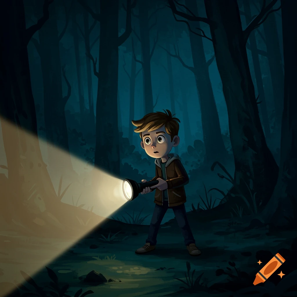 A cartoon boy in a dark forest cautiously opens a wooden door revealing ...