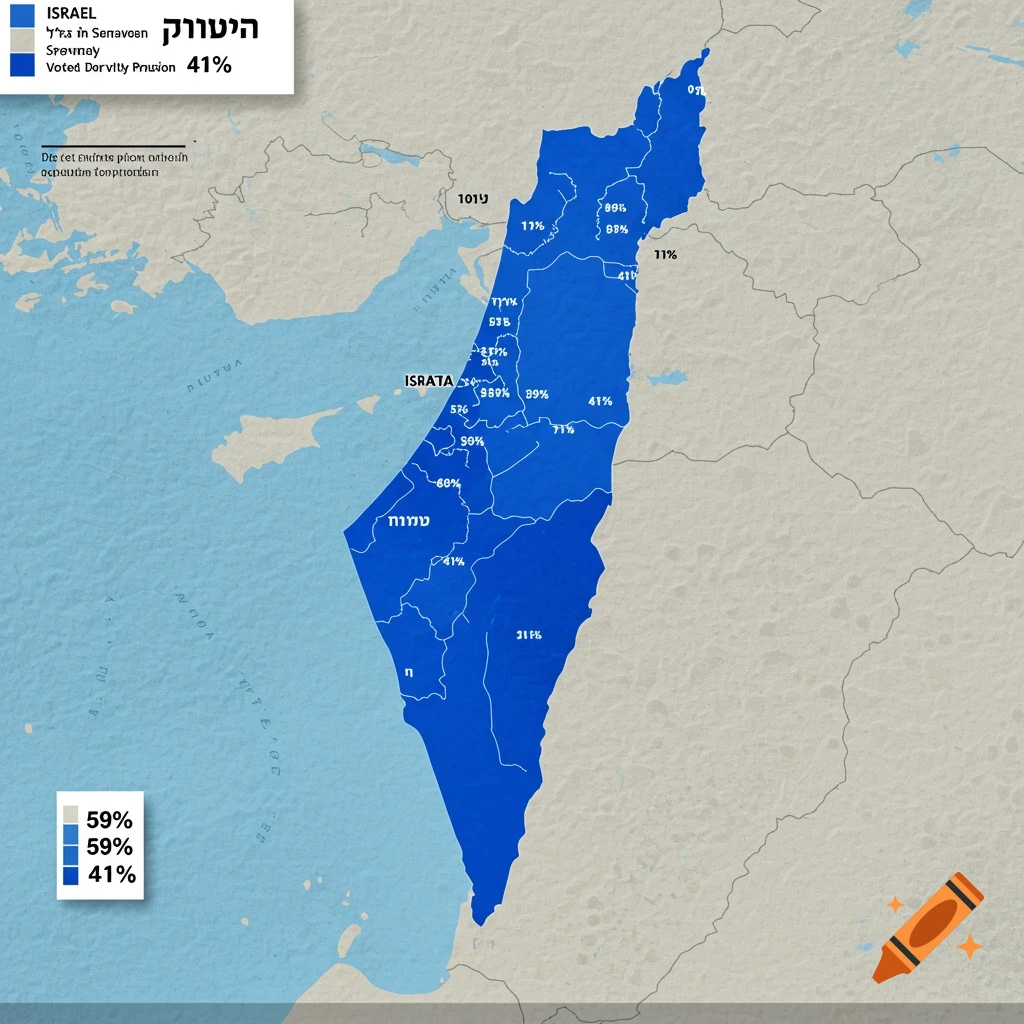 Map of Israel with 59% Democratic candidate support marked in blue on ...