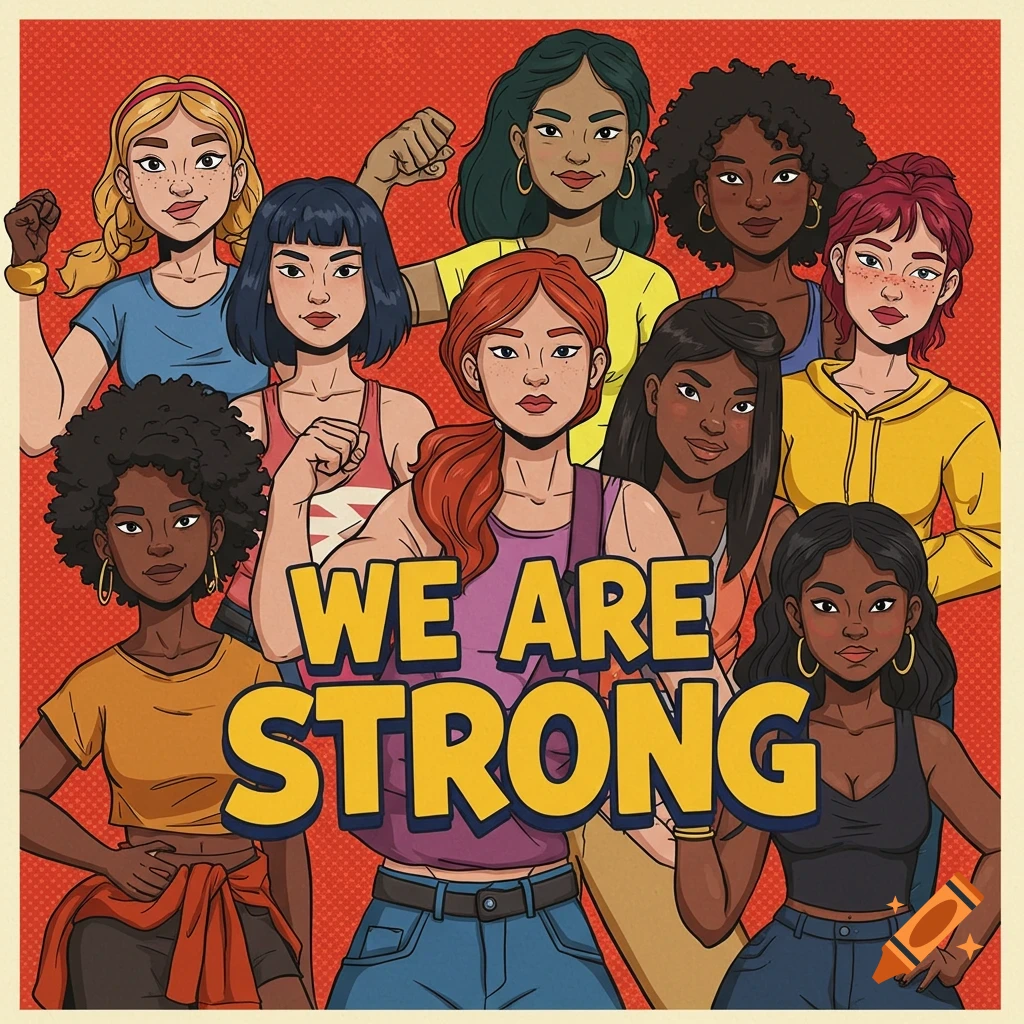 Cartoon poster of a diverse group of strong women with the text 'WE ARE ...