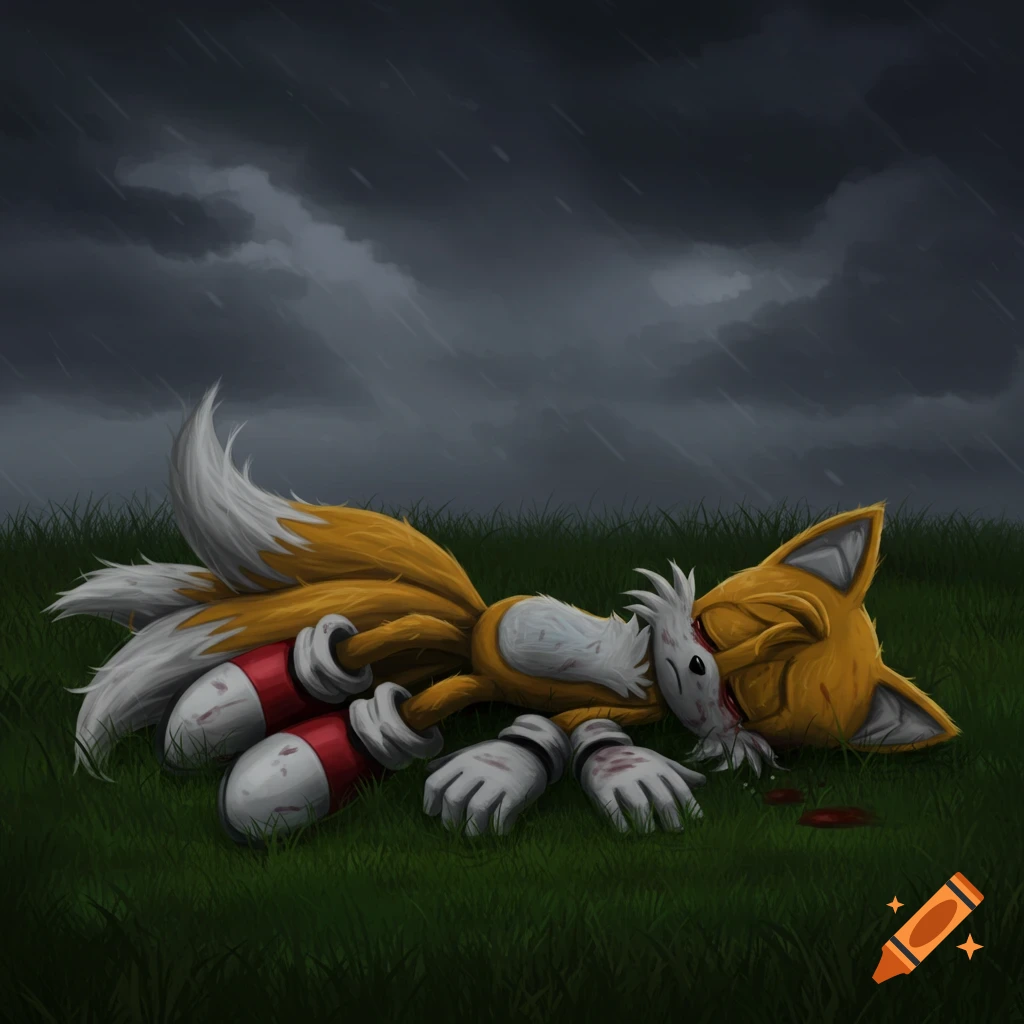 Tails the fox character lying dead on the ground in the rain. on Craiyon