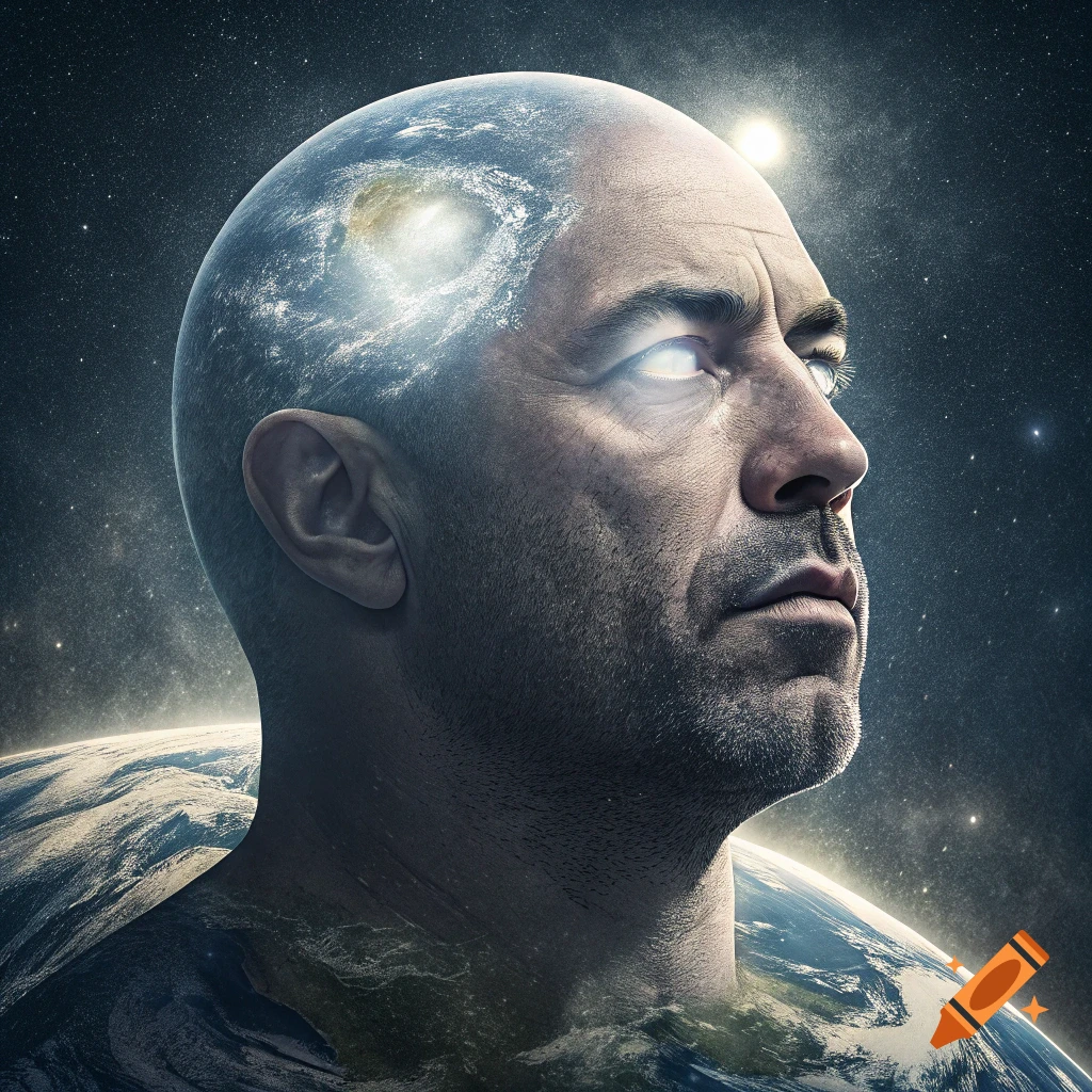 Joe Rogan as a giant floating head with earth skin and glowing eyes on ...