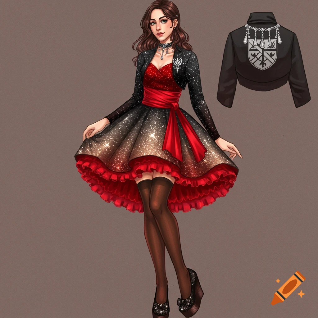 Woman in glittering dress with red accents and Schnee Crest bolero on ...