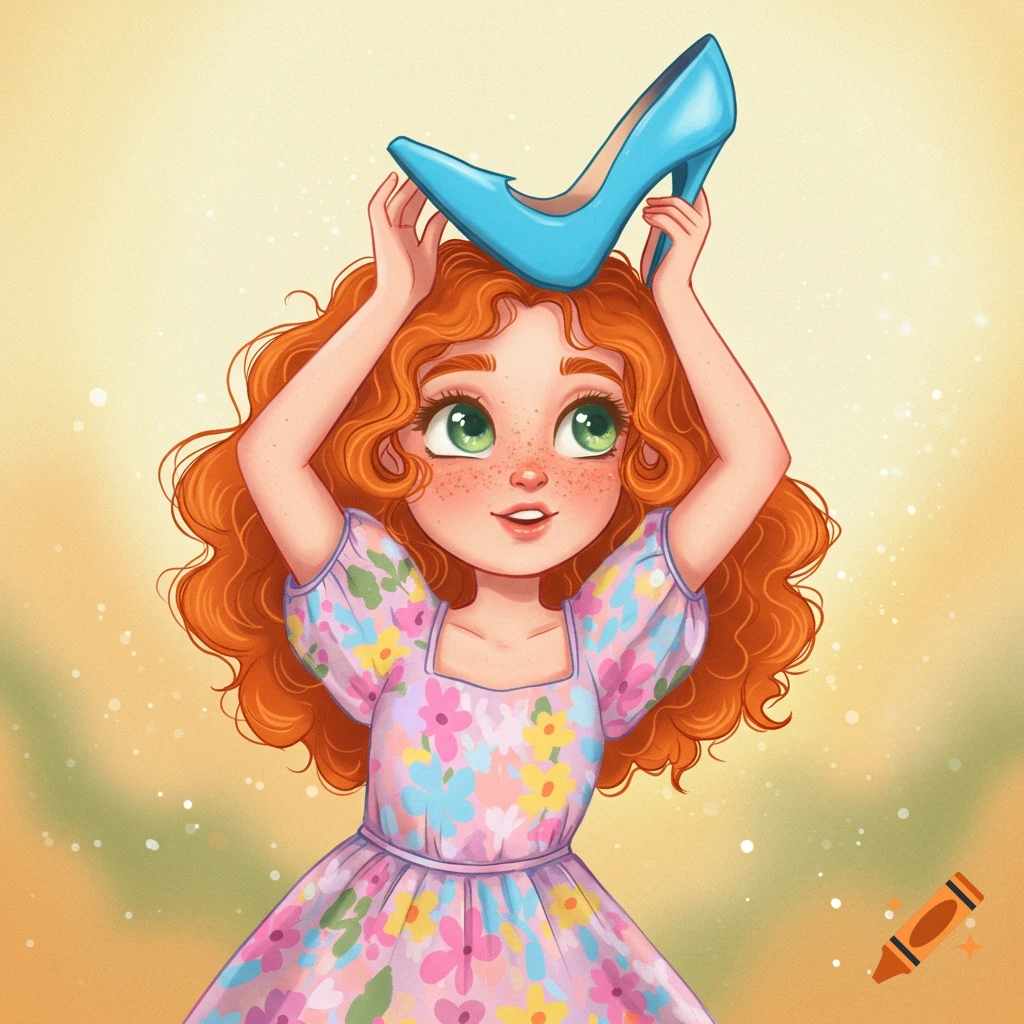 A cute cartoon girl with red hair holding a blue high heel shoe above ...