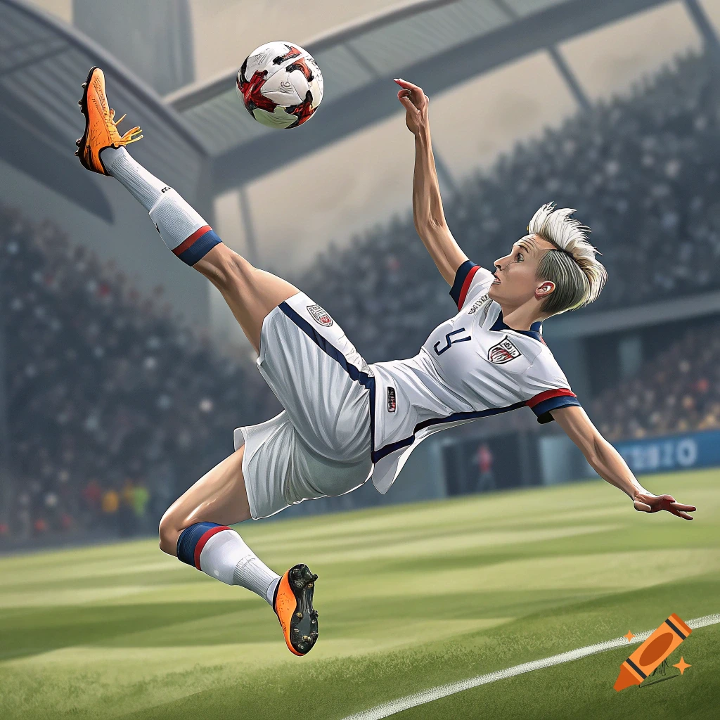 Female soccer player in a white jersey performs a bicycle kick in a stadium on Craiyon