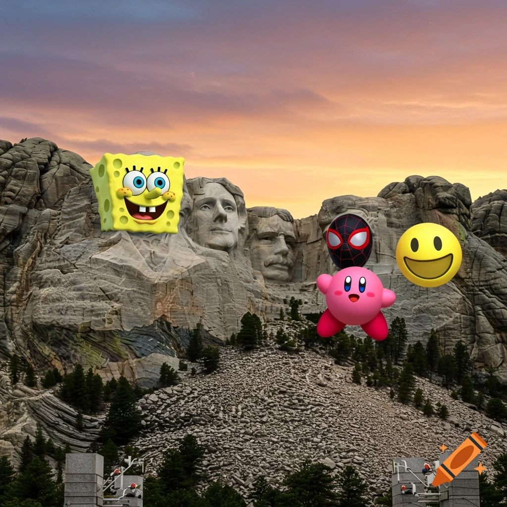 Spongebob, Miles Morales, Kirby, and a smiley face emoji on Mount ...