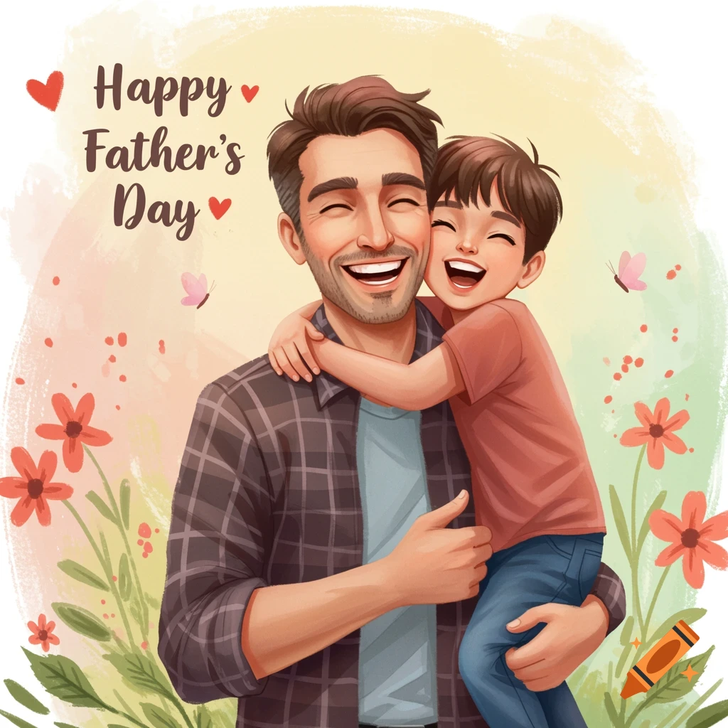 A father and child are hugging with 'Happy Father's Day' text and ...