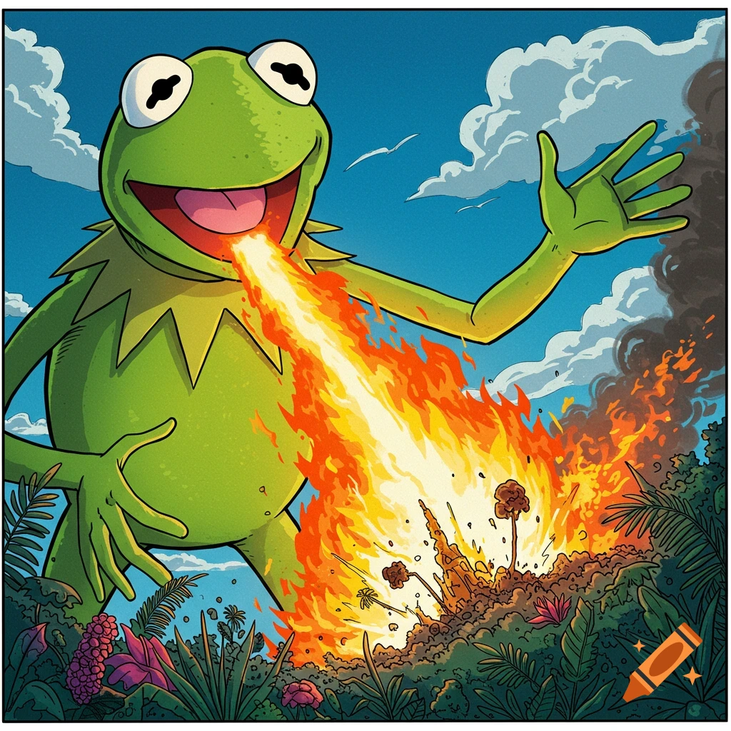 Giant Kermit the Frog breathes fire onto an island, causing an ...