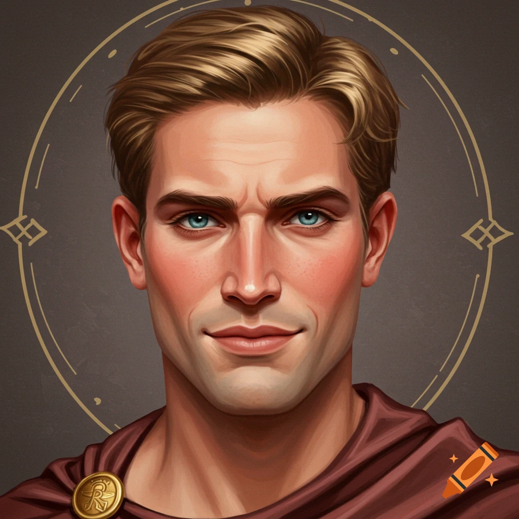 Portrait of a man with strong facial features, light brown hair, and a ...