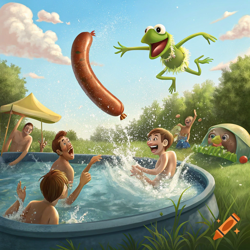 Sausage jumping into a pool of humans and Kermit the Frogs on Craiyon