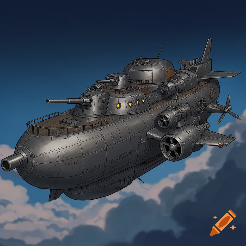 Detailed steampunk airship flying through clouds, video game style. on ...